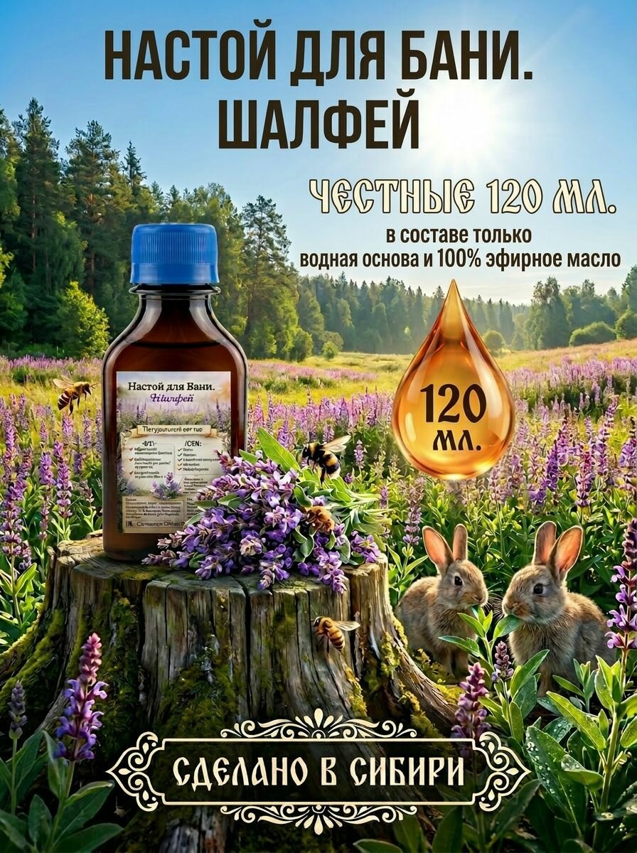 Натуральный настои для бани , сауны , ванны Шалфей, честные 120 МЛ