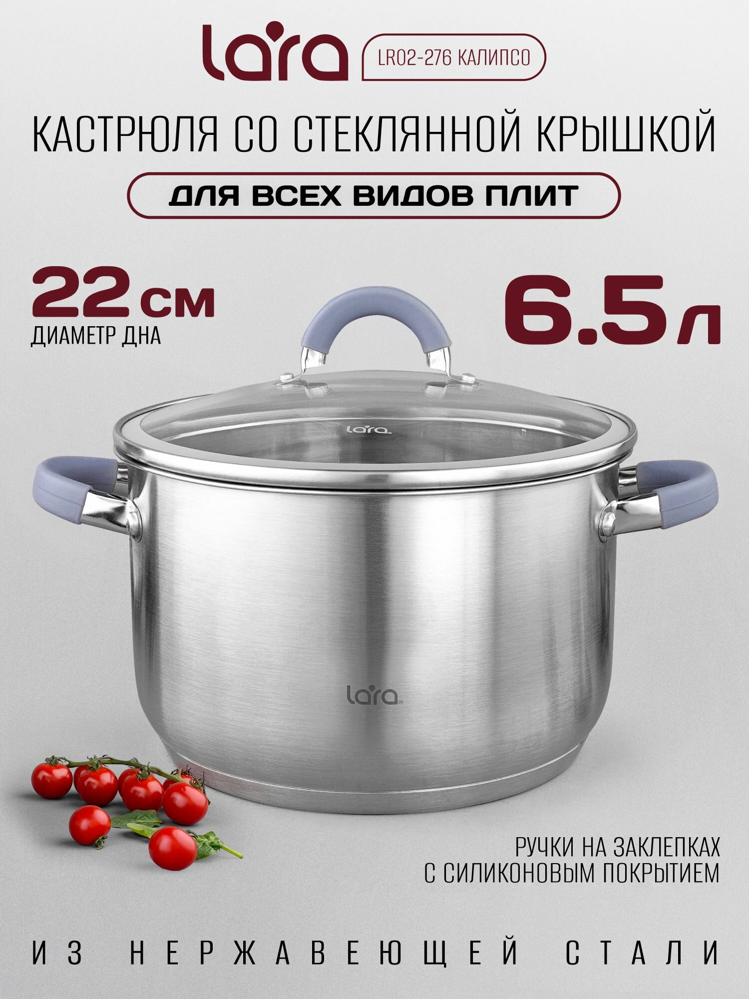 Кастрюля с крышкой 6.5 л LARA Калипсо, из нержавеющей стали, для всех видов плит, в т. ч. для индукционных плит LR02-276