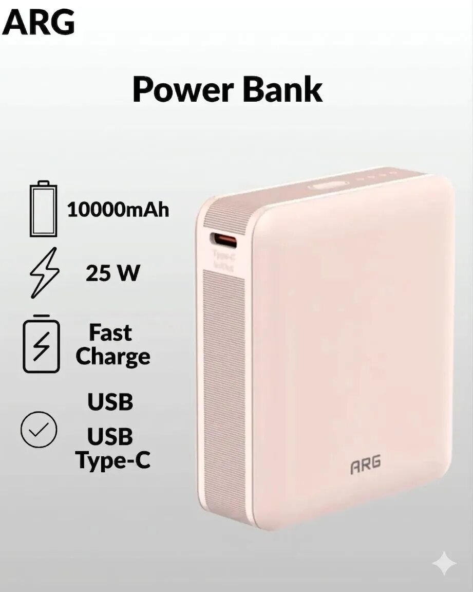 Портативный аккумулятор ARG10000TP10, 10000 мАч, 5 В, 22,5 Вт, розовый