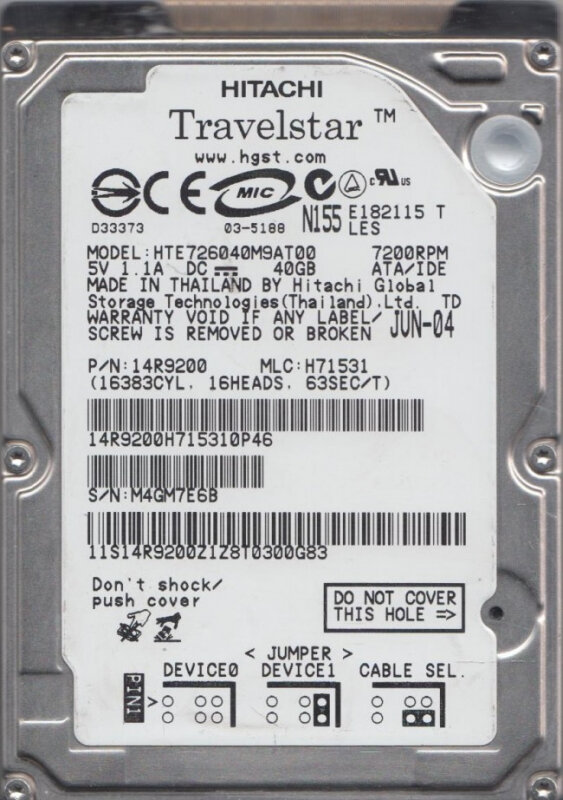 Жесткий диск Hitachi 14R9200 40Gb 7200 IDE 2,5" HDD