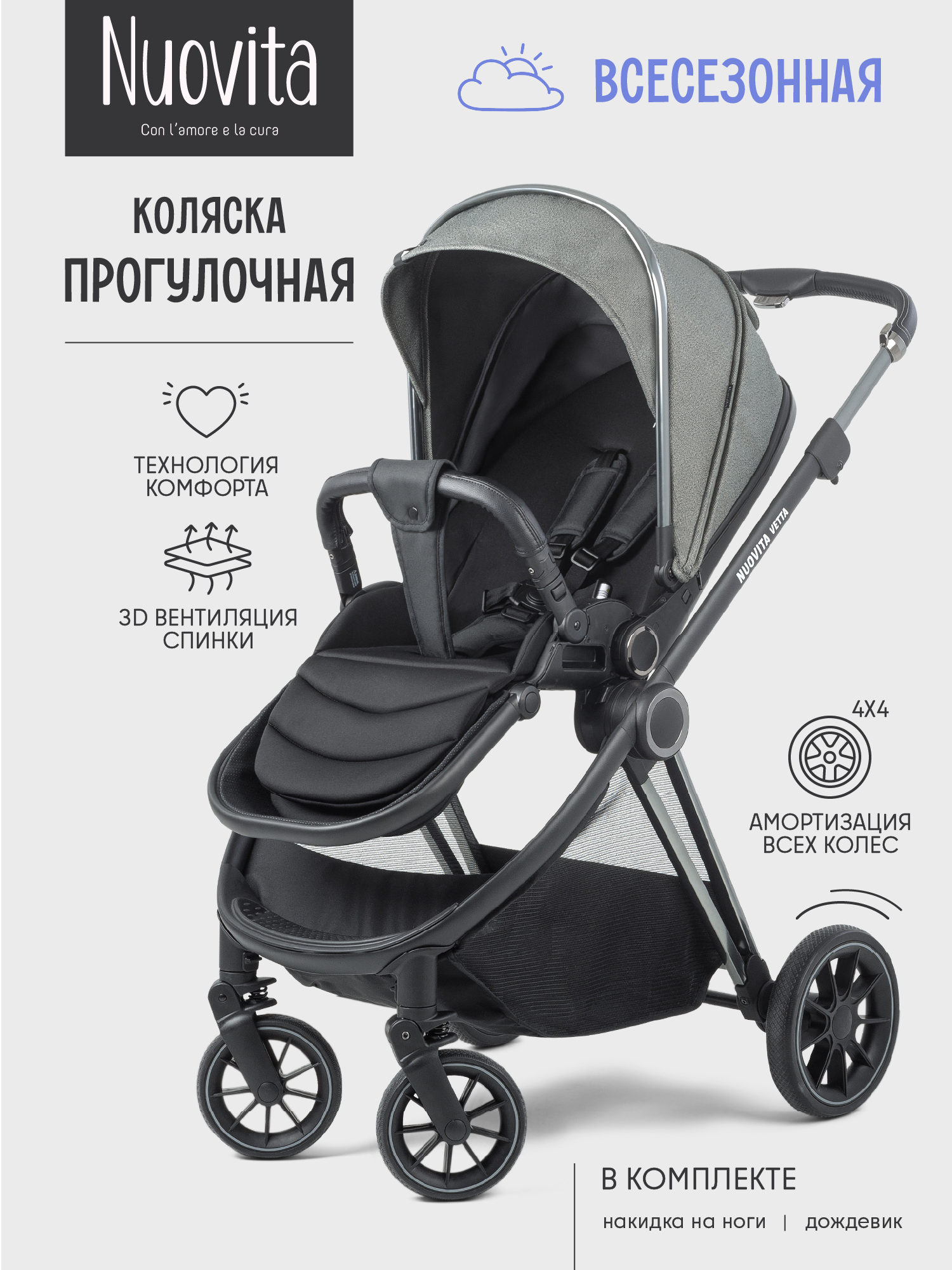 Прогулочная коляска Nuovita Vetta ( Grigio, Grafite/Серый, Графит)