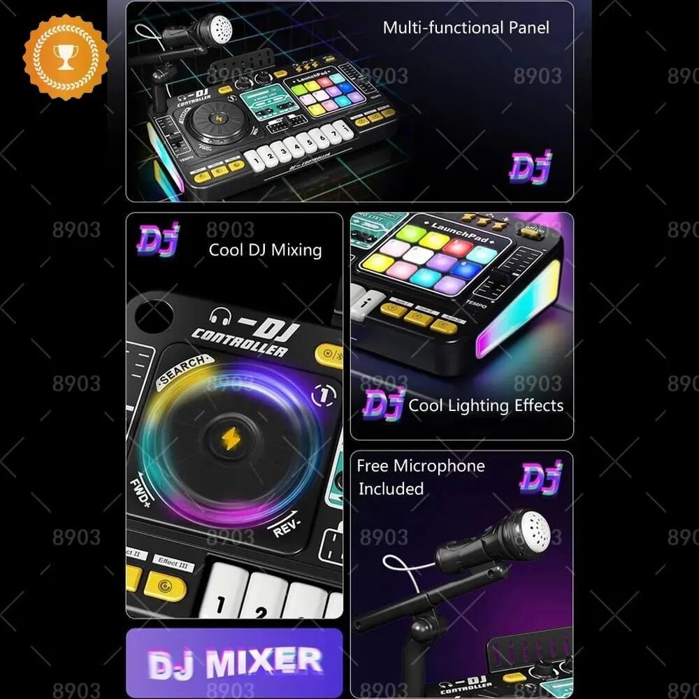 GM Детский DJ-контроллер для начинающих диджеев с микрофоном и Launchpad, черный — фото 1