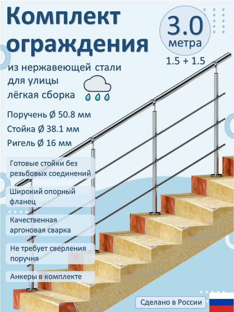 Перила для лестницы натеко, составное ограждение лёгкая сборка 3 м. из Нержавеющей Стали AISI 304, поручень 50.8 мм, из нержавейки для Улицы