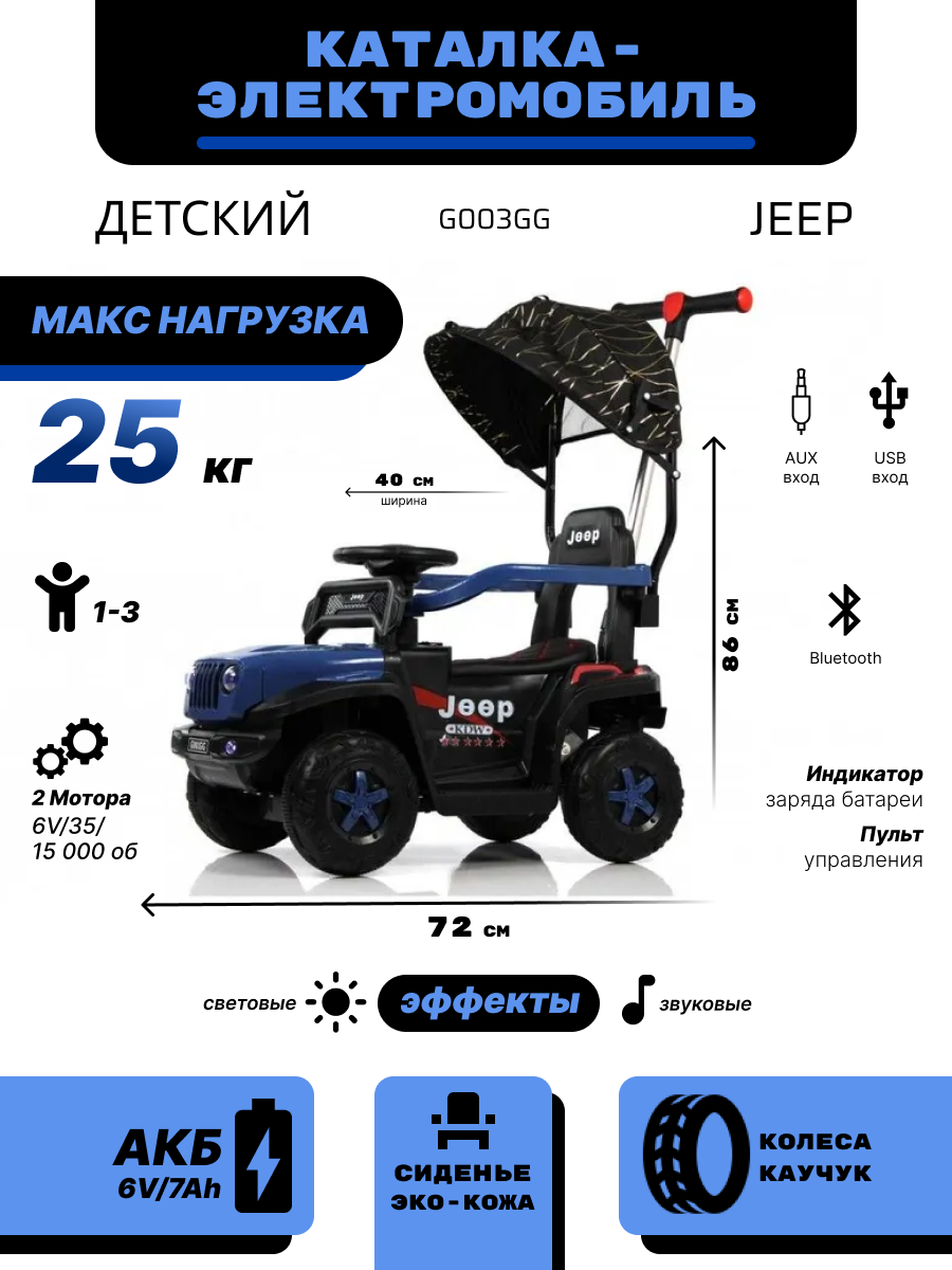 Детский электромобиль - каталка с пультом д. у. G003GG синий