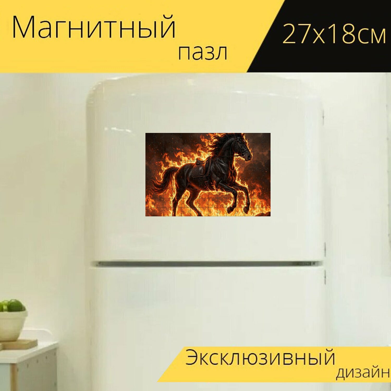 Магнитный пазл "Черный конь в огне. Могучий жеребец, охваченный пламенем, мчится по раскаленной земле. Фэнтези, драматичная цифровая иллюстрация в." на холодильник 27 x 18 см.