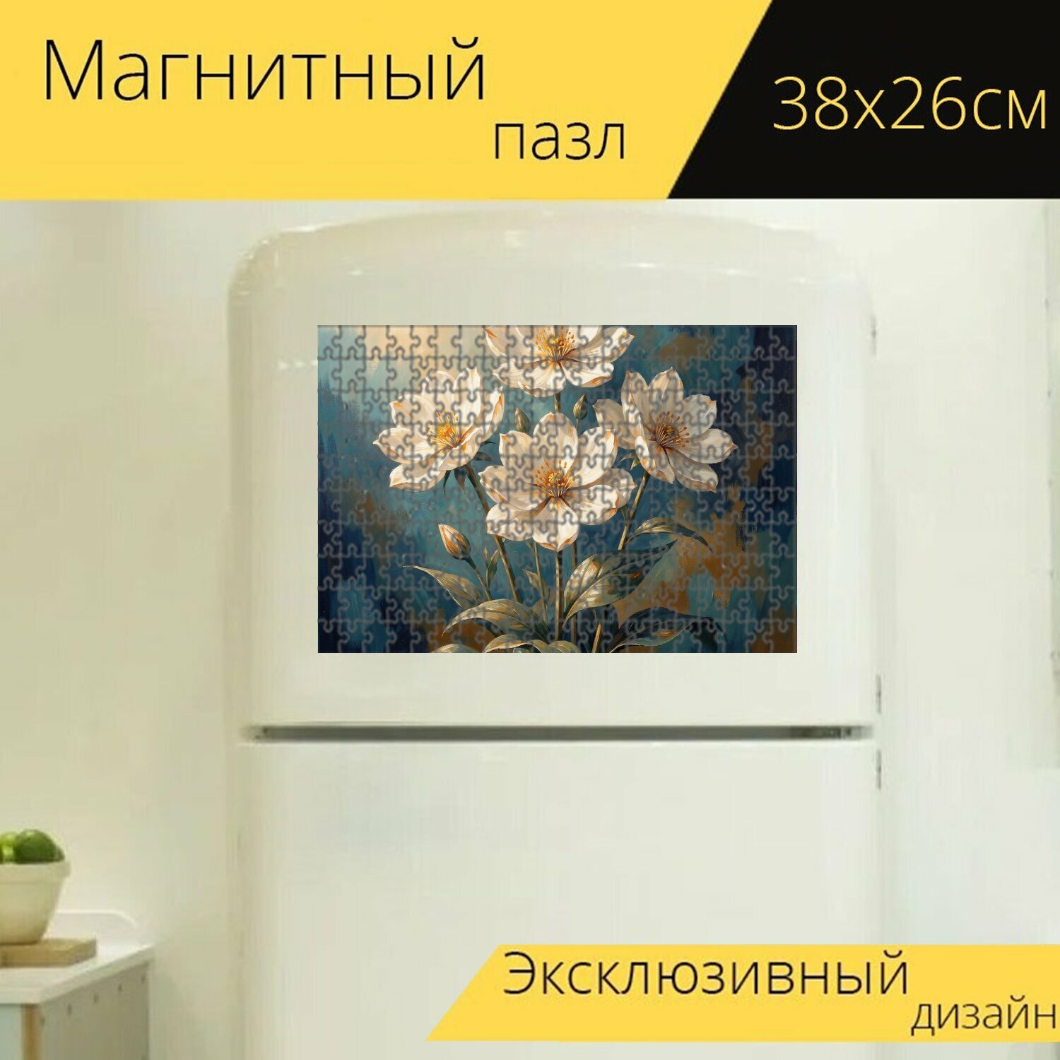 Магнитный пазл "Белые цветы на синем фоне. Нежная ботаническая живопись с крупными светлыми бутонами и зелеными листьями. Масляные мазки, абстрактный." для интерьера, 38х26 см.