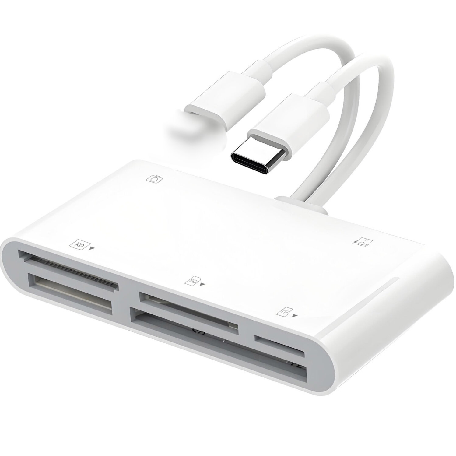 Картридер для смартфонов и компьютеров Lightning, Type-C, поддерживающий карты XD, SD, TF, CF, MS, USB-флешки, внешние жесткие диски, белый цвет, материал ABS, размер 16.9*8.2*1.5 см, вес 55 г, в комплект входят 1 картридер, 1 инструкция, 1 упаковочный
