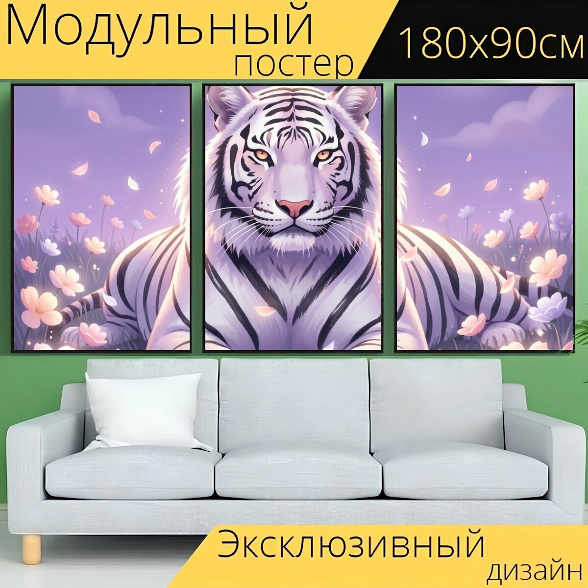 Модульный постер "Белый тигр среди цветов. Сказочная иллюстрация с лежащим полосатым хищником в лунном саду, среди нежных розовых и." 180 x 90 см. для интерьера на стену в тубусе