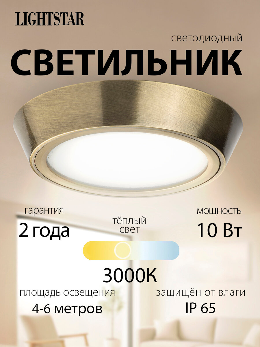Светильник потолочный светодиодный влагозащищенный Lightstar URBANO 214912, IP65 для ванной и улицы, 3000K, 10W, круглый, бронза