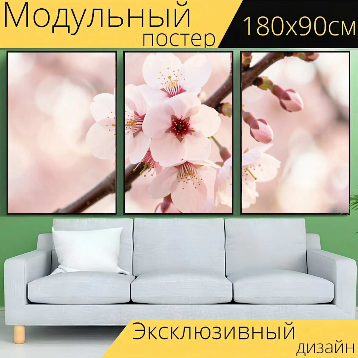 Модульный постер "Ветка сакуры с нежными цветами. Крупный план весеннего цветения японской вишни: пастельно-розовые лепестки, бутоны." 180 x 90 см. для интерьера на стену в тубусе