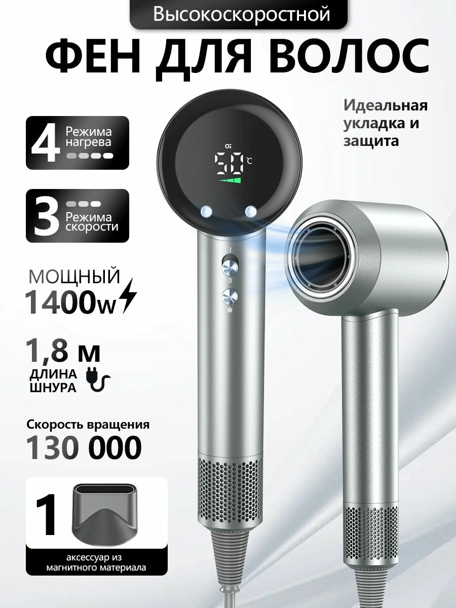 Фен для волос профессиональный, 4 режима работы, 1400 Вт, серый