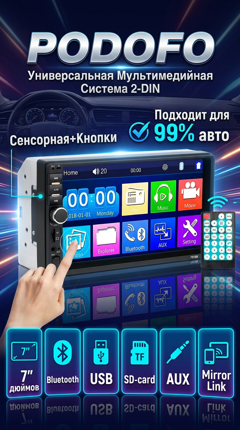 Автомагнитола 2-DIN Podofo 7018B универсальная с ИК пультом, Bluetooth, USB, AUX, FM-радио, Mirror Link, Гарантия 1 год