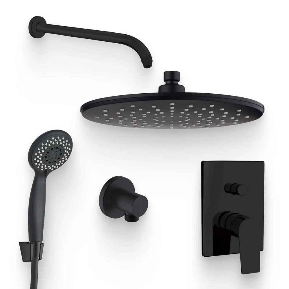 Душевой комплект Смеситель Aquanet Static AF330-51B С внутренней частью, чёрный / Душевая лейка AF000-07B чёрная матовая / Подключение AF330-92B чёрное матовое, Душ AF330-84-R250B черный матовый, Кр