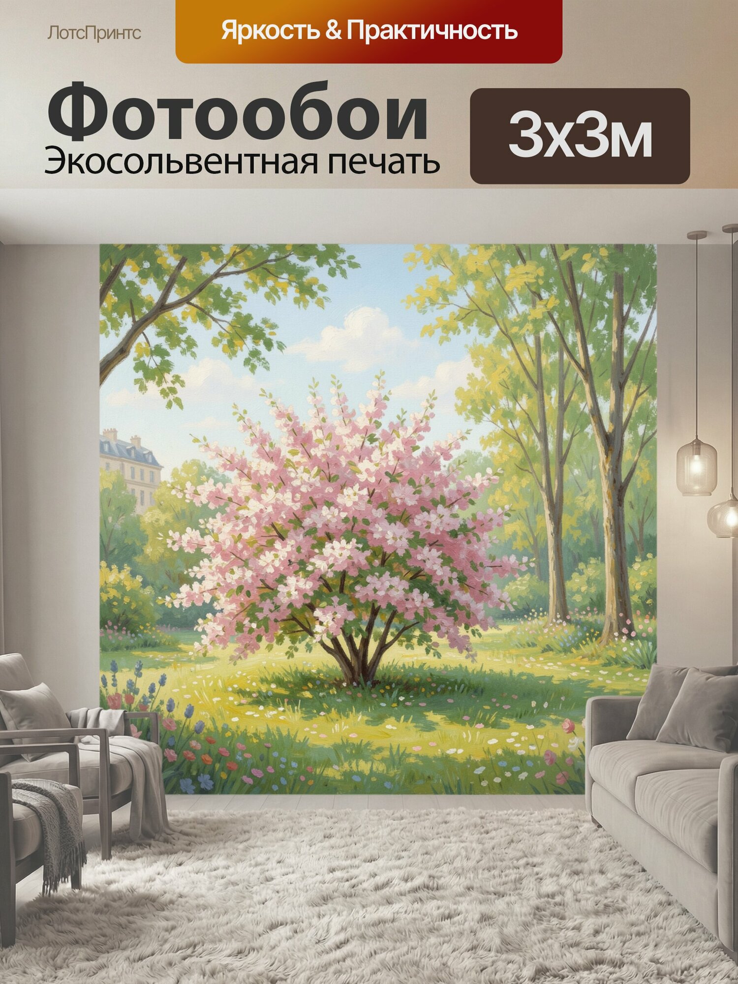 Фотообои "Цветущий сад весной. Нежная парковая сцена в пастельной палитре: розовые цветы на фоне зелени, высокие деревья, голубое небо с облаками." 300x300 см. экосольвентная печать