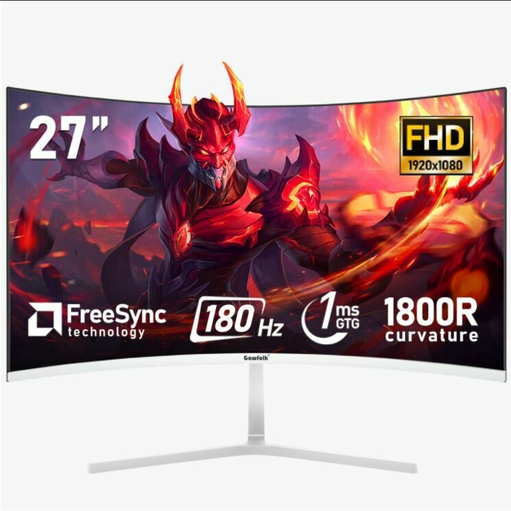Gawfolk 27" Монитор GF270K (GF270K), VA, 1920x1080 Full HD, 180 Гц, Изогнутый экран, белый
