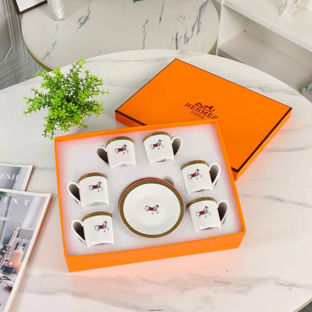 Набор кофейных кружек Hermes, 80 мл, 6 шт, костяной фарфор, белый, бронза