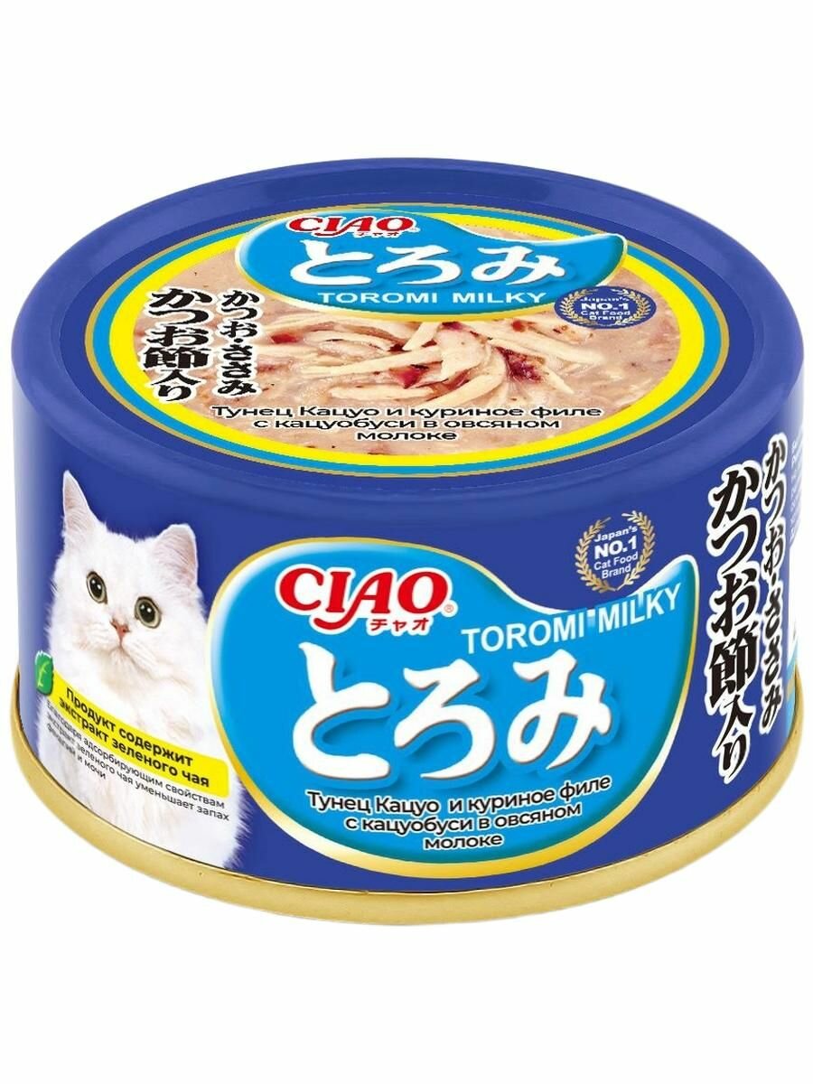 Влажный корм для кошек INABA, CIAO TOROMI Milky, куриное филе с кацуобуси в овсяном молоке, 80гр*6шт