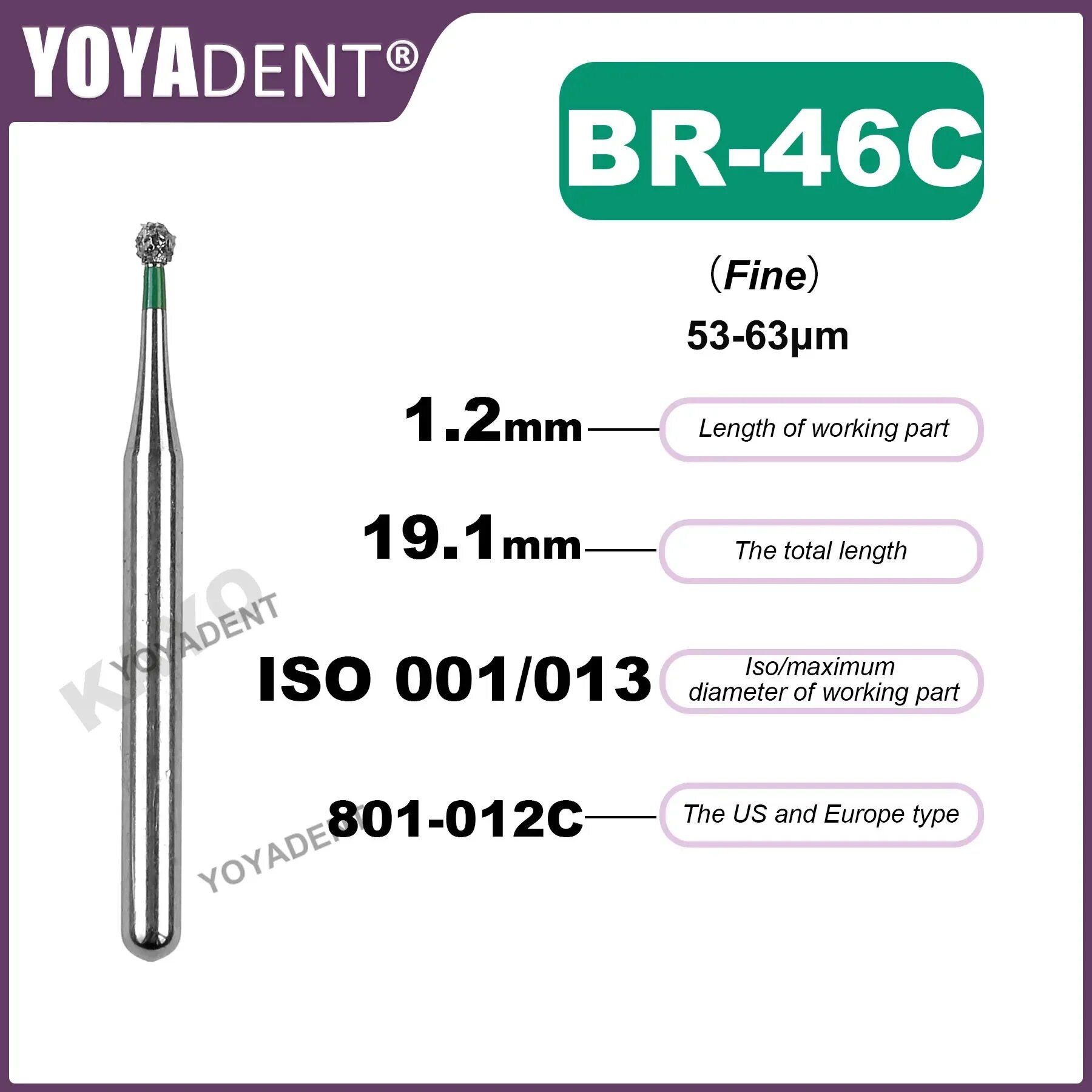 Алмазный бор YOYADENT BR-46C Fine 53-63мкм 1.2мм 19.1мм ISO 001/