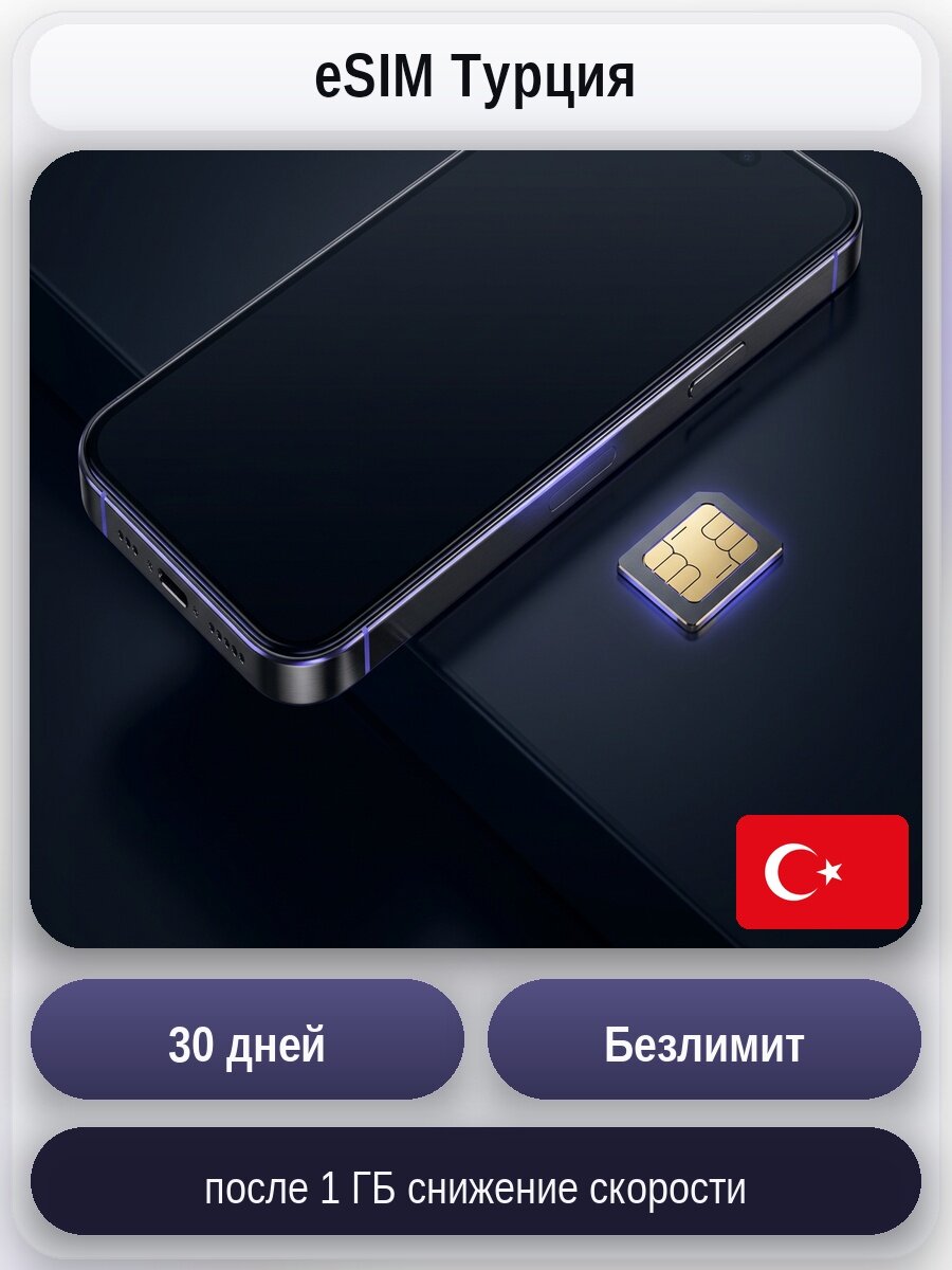 ESIM карта для Турции, безлимитный интернет с ограничением скорости после использования 1 ГБ, действует 30 дней