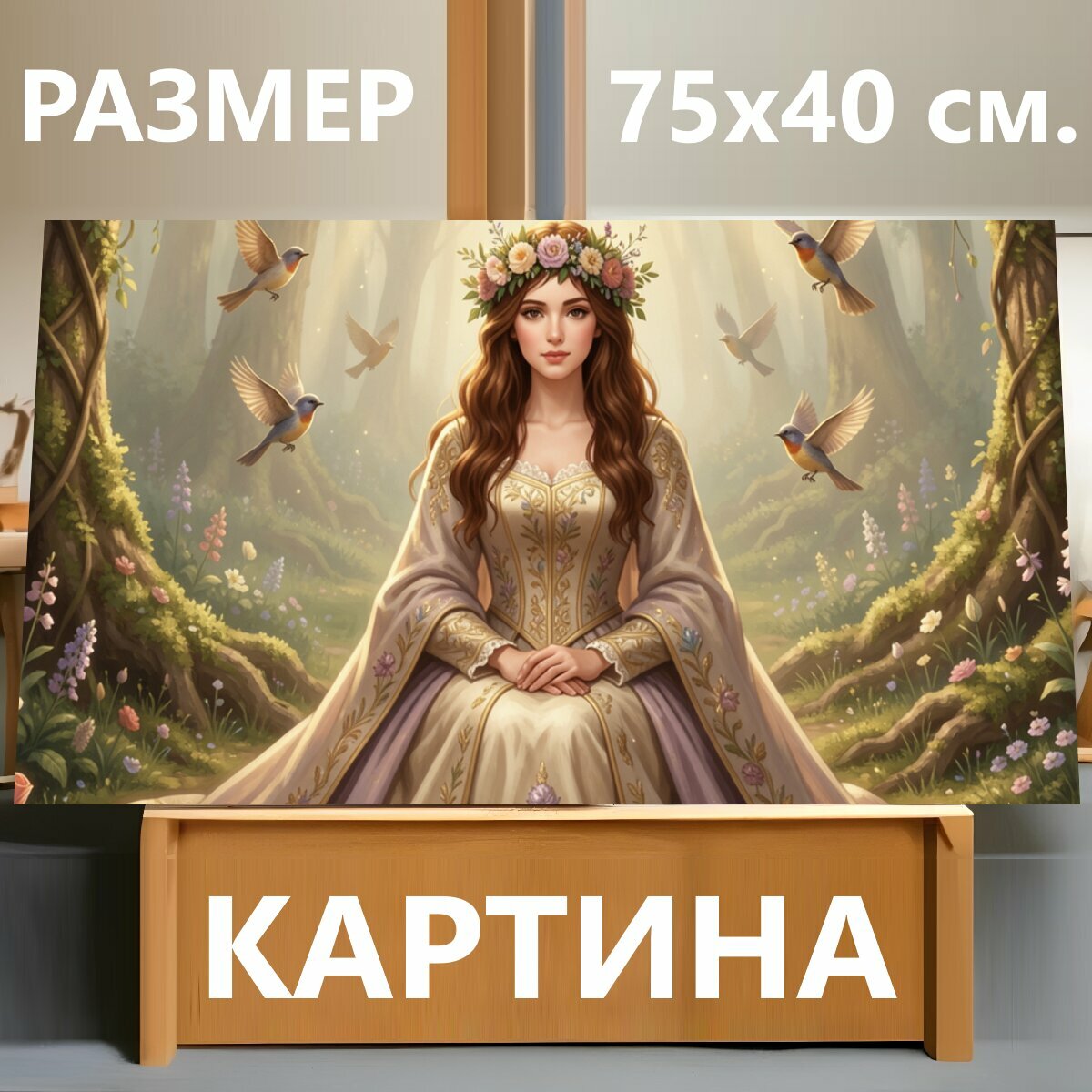Картина на холсте "Девушка в лесу с птицами. Сказочная иллюстрация: юная красавица в венке из цветов сидит среди леса, вокруг летают маленькие." на подрамнике 75х40 см. для интерьера