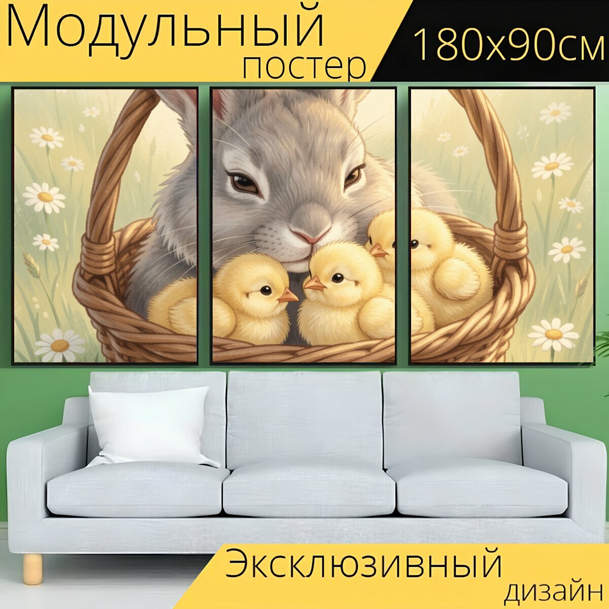 Модульный постер "Кролик и цыплята в корзине. Нежная весенняя иллюстрация: серый ушастый зверёк в плетёной корзинке среди жёлтых." 180 x 90 см. для интерьера на стену в тубусе