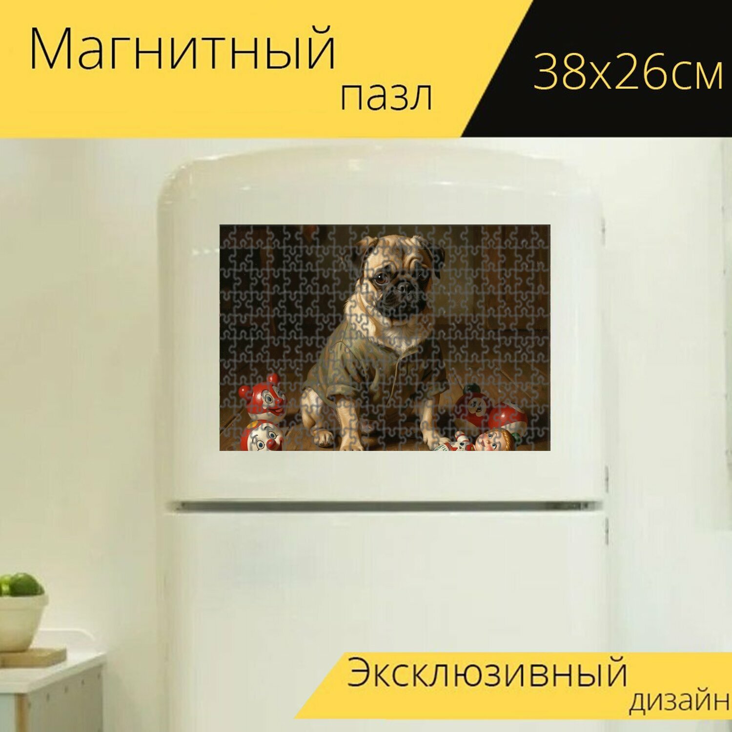 Магнитный пазл "Мопс с игрушками на полу. Реалистичная тёплая сцена с милой собакой в комнате: винтажный интерьер, деревянный пол, красно-белые куклы и." для интерьера, 38х26 см.