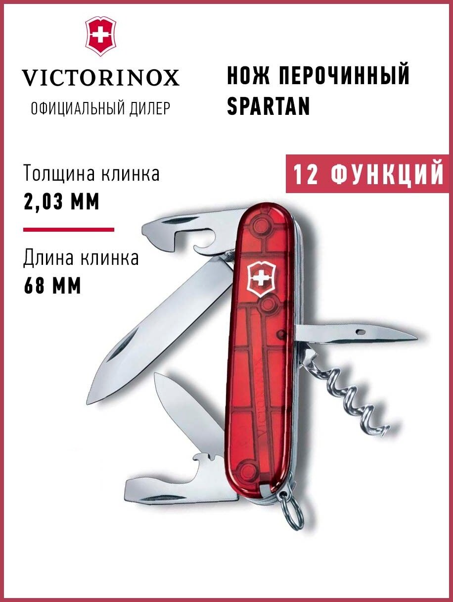 Складной нож туристический Victorinox Spartan, 91 мм, 12 функций, прозрачный красный 1.3603. T