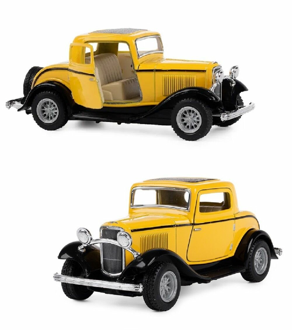 Модель машины Kinsmart "Ford 3-Window Coupe 1932", масштаб 1:34, желтая, инерционная