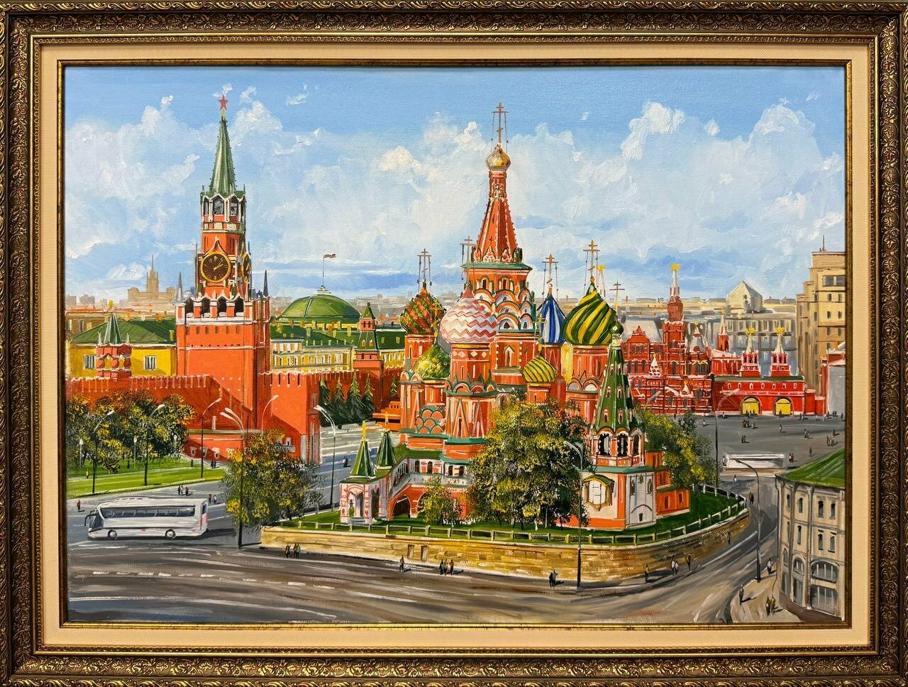 Картина маслом, городской пейзаж "Лето. Москва. Спасская башня Кремля". Холст/Масло, 2025. Размер 50х70. Автор Тихомиров А.