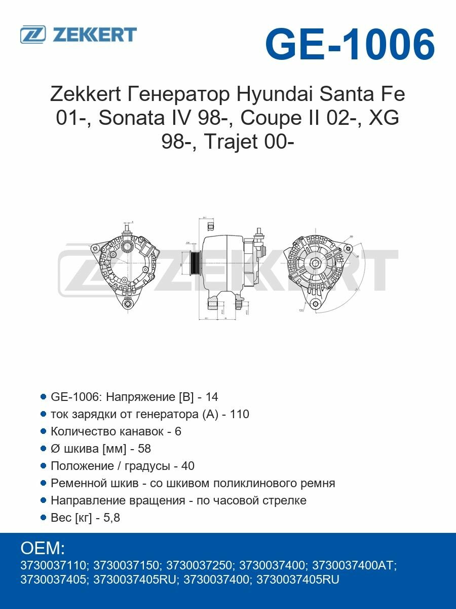 Zekkert Генератор Hyundai Santa Fe 01-, Sonata IV 98-, Coupe II 02-, XG 98-, Trajet 00-