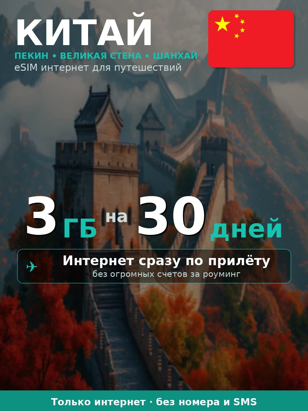 ESIM Материковый Китай — мобильный интернет 3 ГБ на 30 дней | виртуальная SIM-карта для путешествий