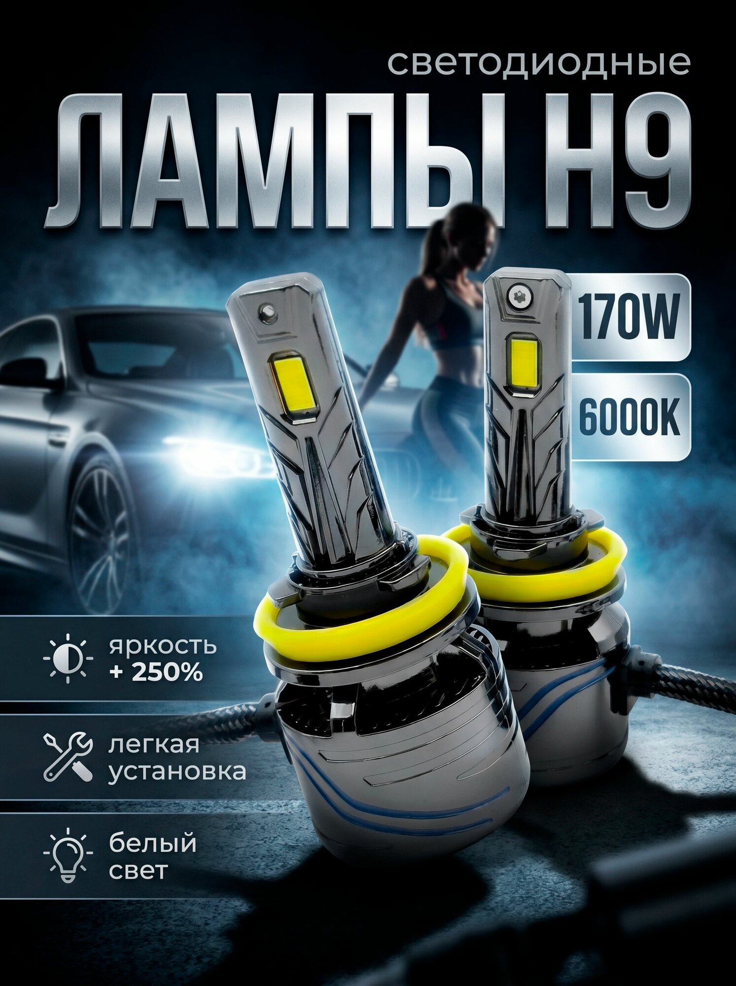 Светодиодные лампы H9 в фары Дальнего света на Nissan Leaf 2010-2017 / Яркие лампы 170w . LED лампы Н9 в дальний свет Ниссан Лиф