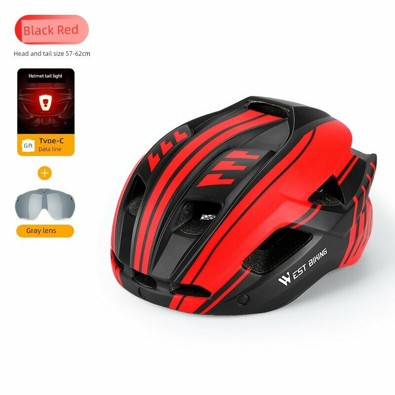 MTB и дорожный велосипедный шлем с задним светом и системой линз, черный и красный - интегрированная безопасная функция