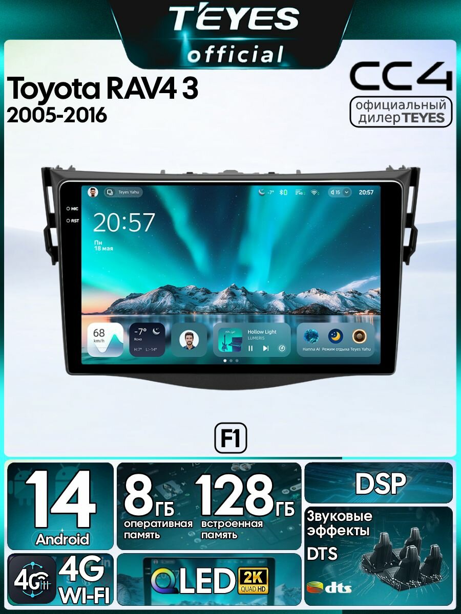 Магнитола Toyota RAV4 3 2005-2016 (Комплектация F1) Teyes CC4 8/128GB,8-ми ядерный процессор, QLED,2 DSP,4G, Wi-Fi,2DIN