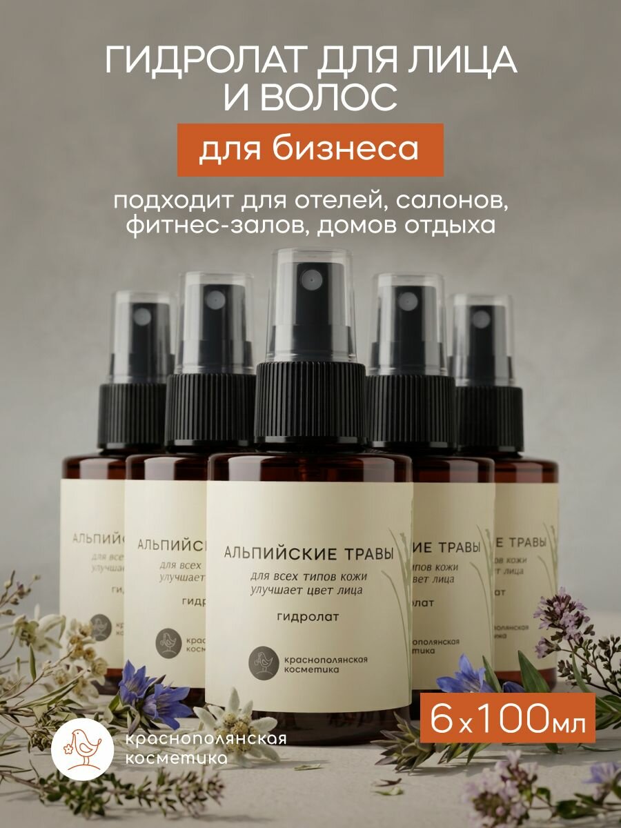 Краснополянская косметика Набор Спрей для тела, лица и волос, гидролат для лица и волос "Альпийские травы", для жирной, проблемной и сухой кожи, для бизнеса,100 мл, 6 шт. HoReCa