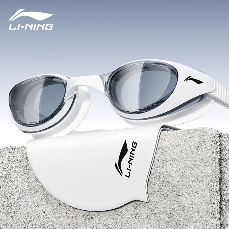 Li-Ning Набор Очики и Шапочка Аурора Белый для Плавания, Анти-Туман Водонепроницаемые Ясное Зрение Без Коррекции