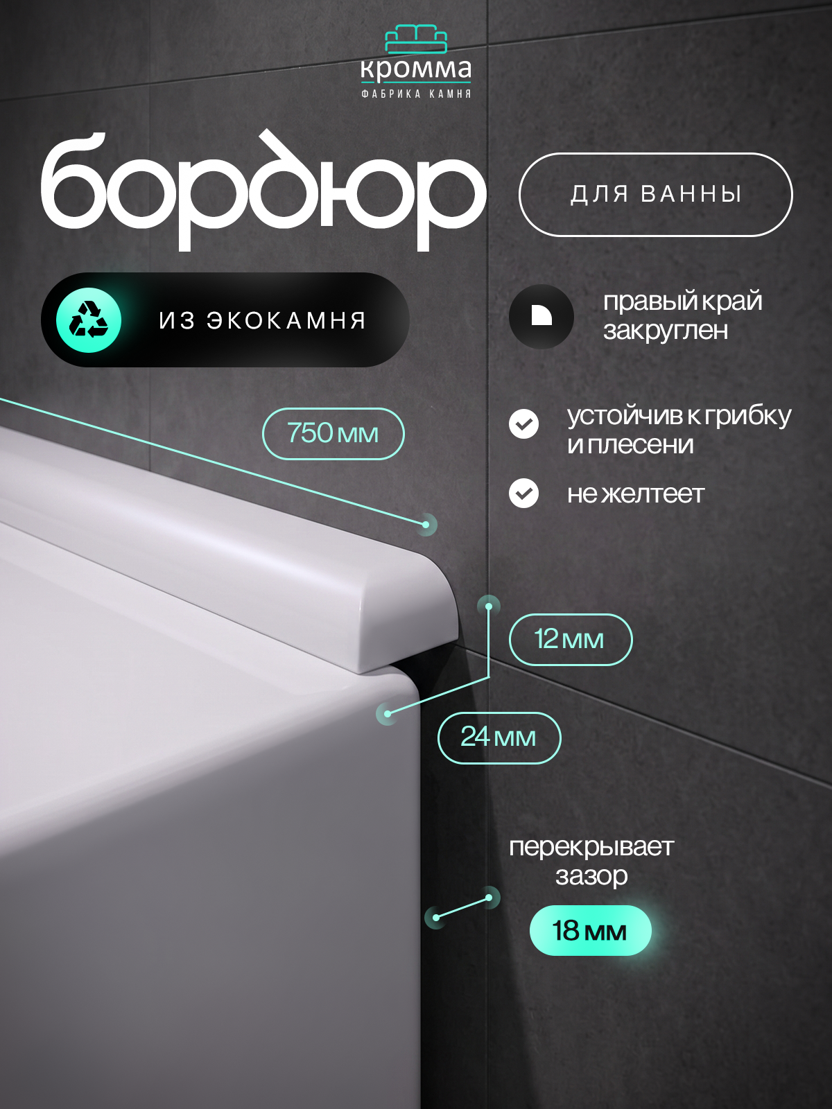 Акриловый бордюр плинтус для ванны 24/750 мм. белый цвет, глянцевая поверхность, правый