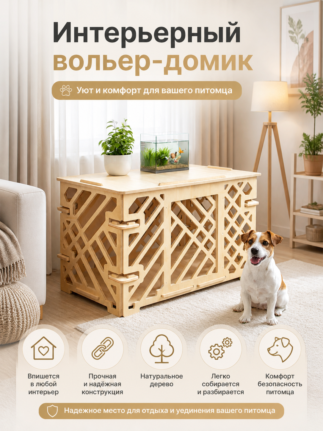 Деревянный вольер для кошки или собаки 70см*40см*50см - без покраски