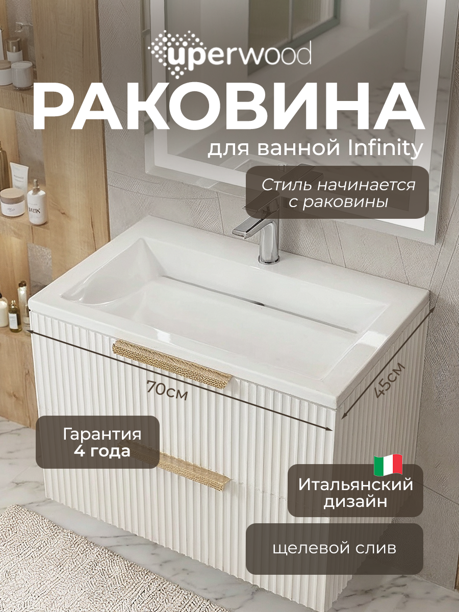 Раковина для ванной Uperwood Infinity 70х45 см, белая глянцевая
