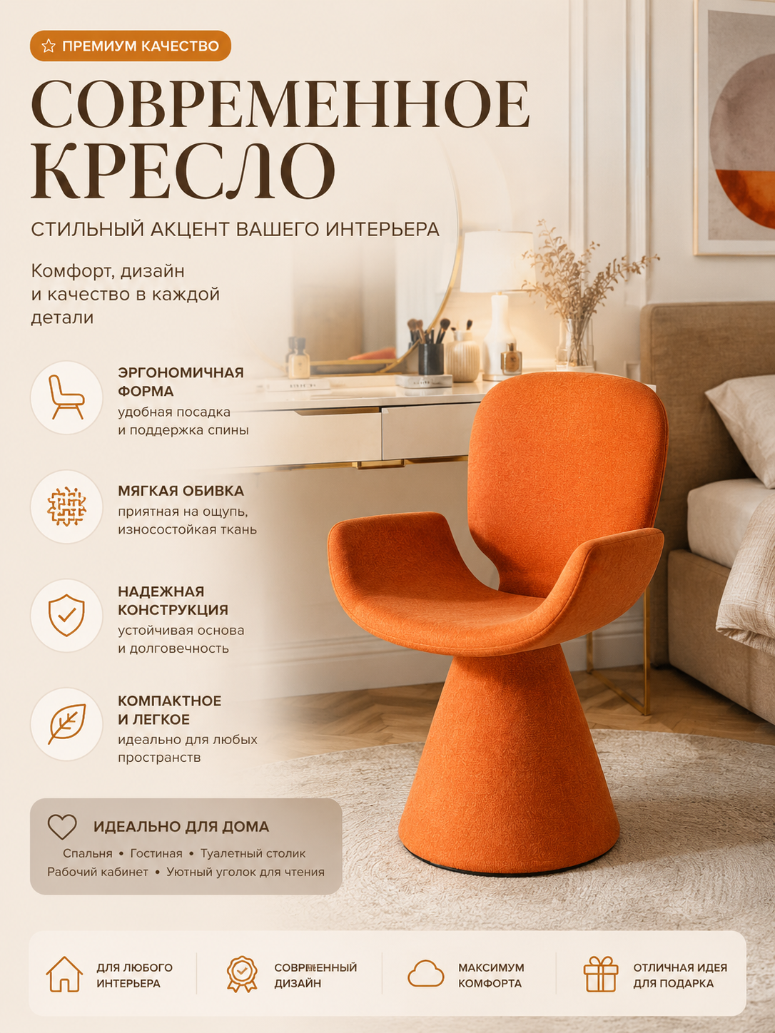 Вращающееся кресло для макияжа со спинкой, легкое роскошное кресло в гостиной, оранжевое
