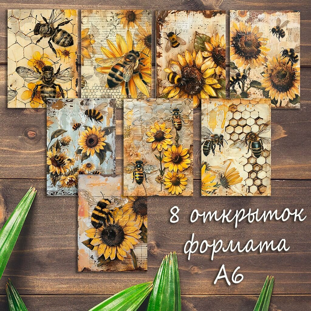 Большой набор открыток Пчёлы и подсолнухи, 8 штук