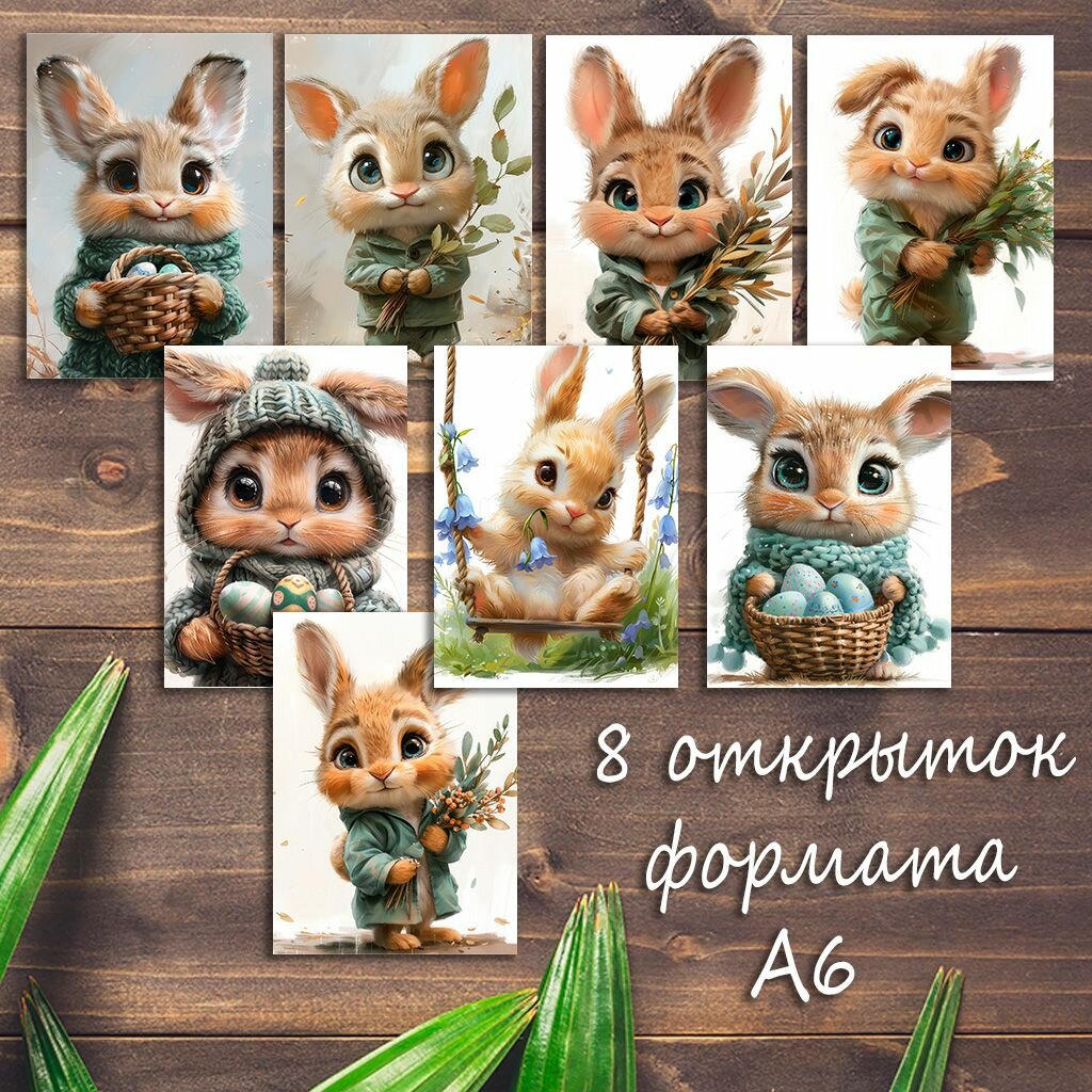 Большой набор открыток Зайка с цветами, 8 штук