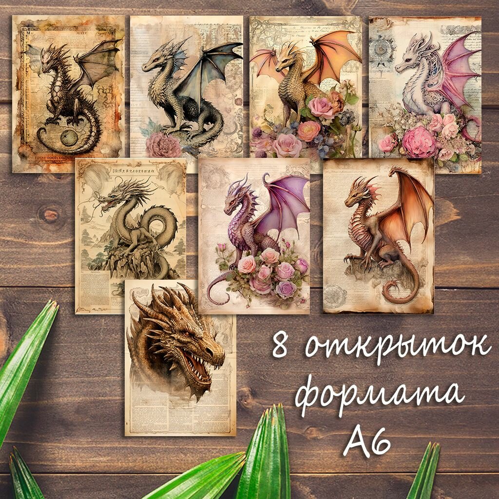 Большой набор открыток Винтажные драконы, 8 штук