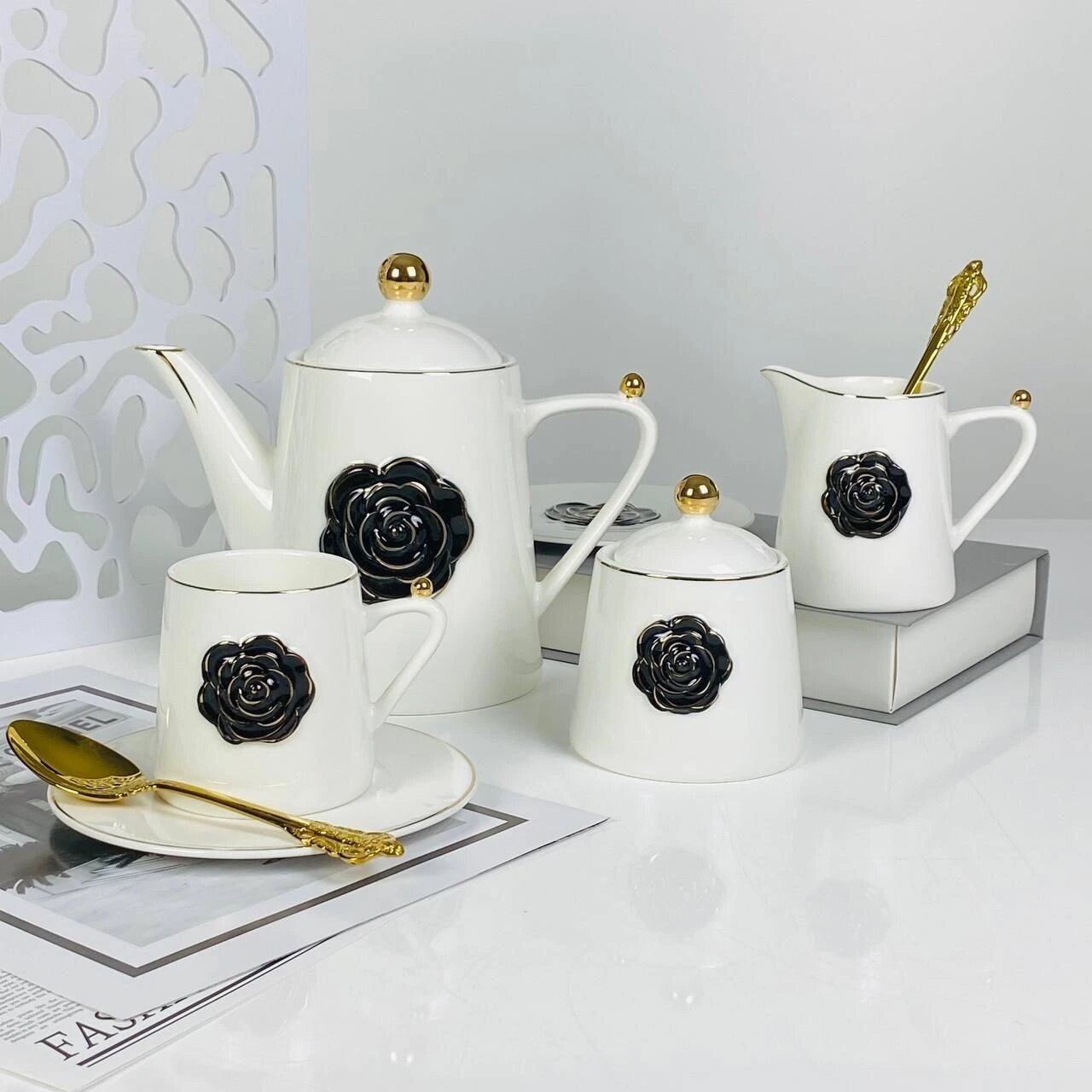 Чайный сервиз на 6 персон 15 предметов LENARDI Collection Роза чашки 270мл чайник, сахарница, молочник, фарфор