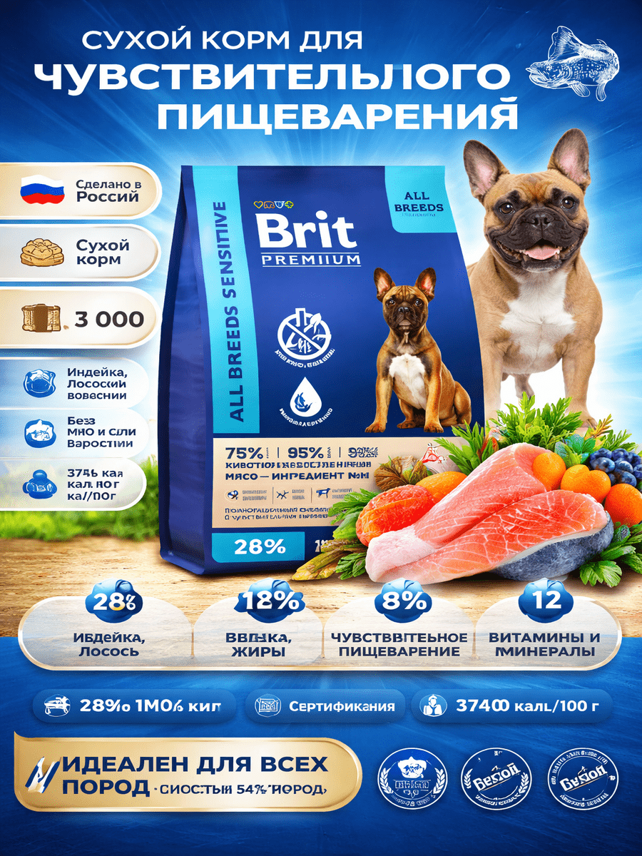 Корм сухой Брит Premium для собак с чувствительным пищеварением лосось-индейка, 3кг