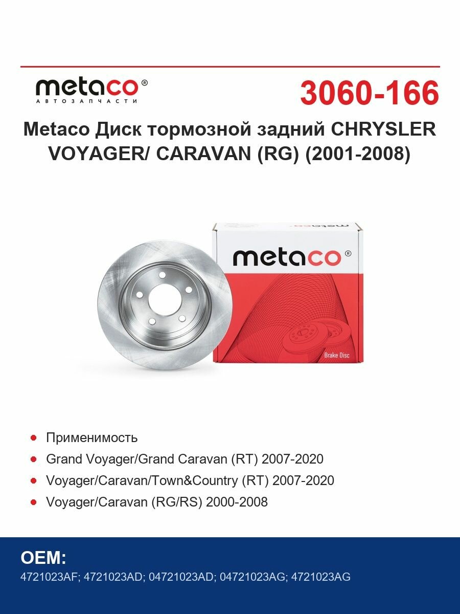 Metaco Диск тормозной задний CHRYSLER VOYAGER/ CARAVAN (RG) (2001-2008)