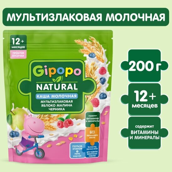 Каша молочная Gipopo мультизлаковая с яблоком, малиной и черникой с 12 мес 200 г