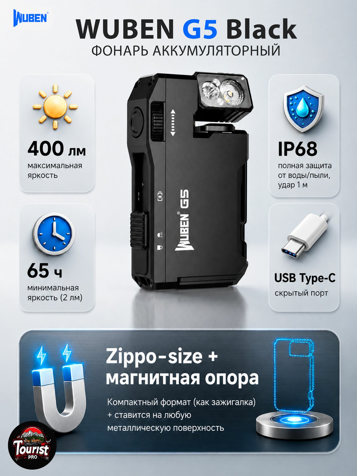 Фонарь Wuben G5, чёрный, встроенный аккумулятор, IP68, 82 метра, USB Type-C
