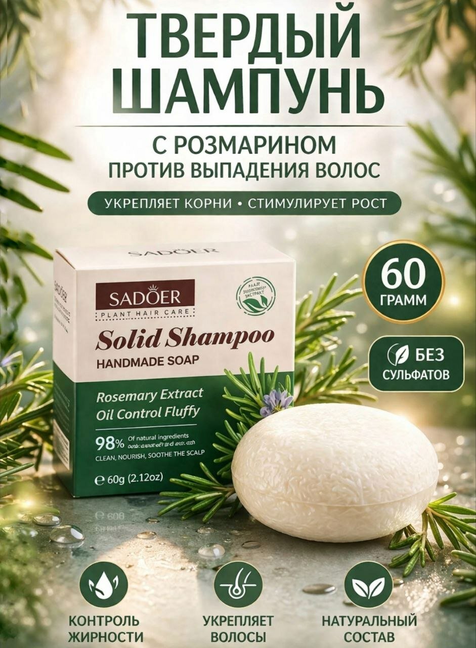 Твердый шампунь для волос с розмарином, 60 г