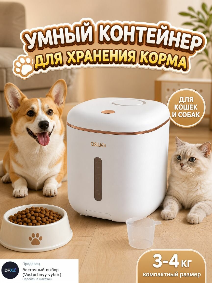 Контейнер для хранения сухого корма с крышкой до 4 кг, емкость под корм для животных, кошек, собак, грызунов, универсальная тара для хранения
